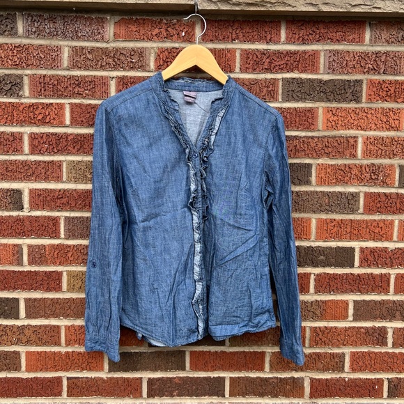 Laura Scott | Tops | Laura Scott Dark Denim Chambray Ruffle Front Long ...